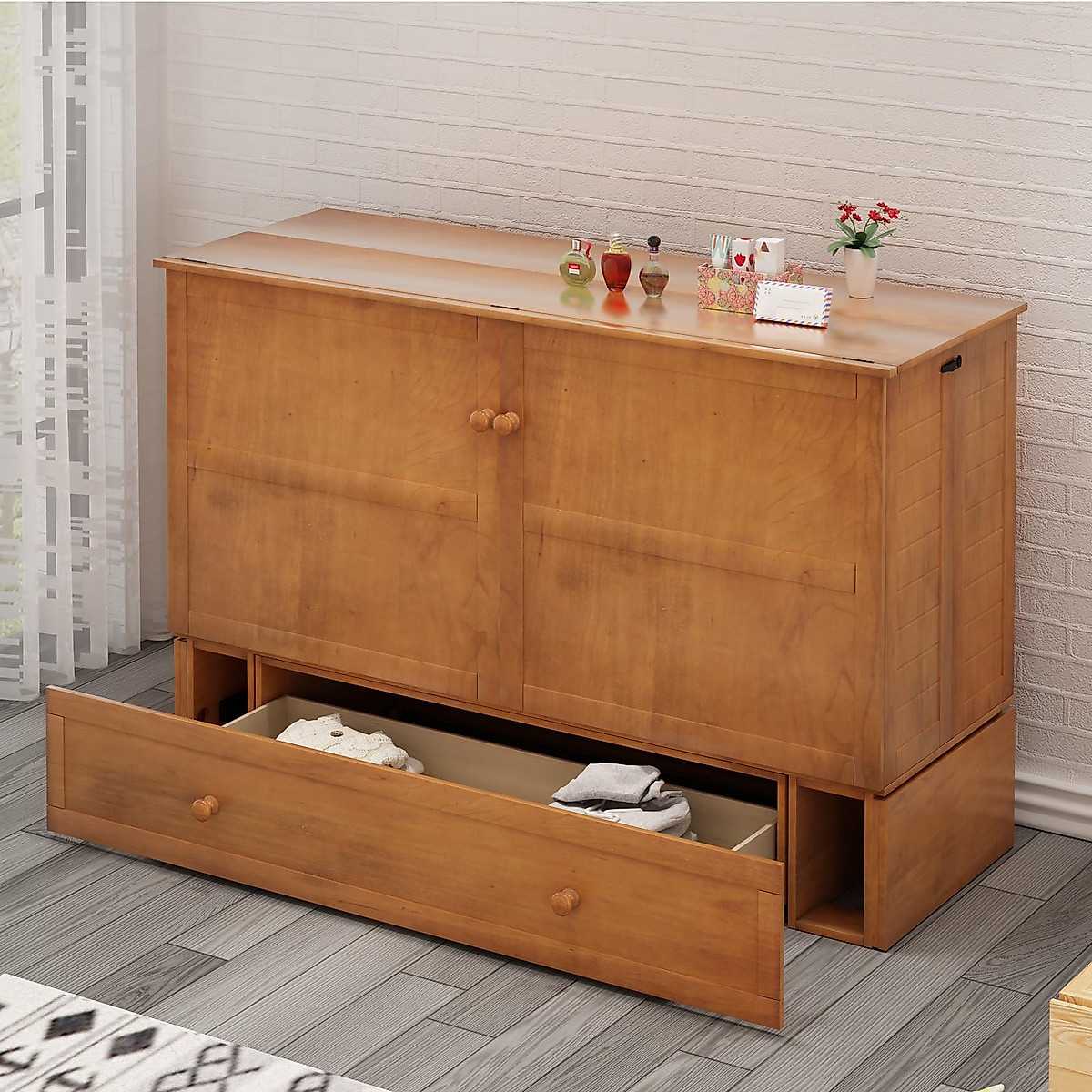 MUZZ Queen Size Cabinet Murphy Bed, Murphy Bed with Foldable Foam Mattress, Space-Saving Cube Murphy Bed with Charging Station and Large Storage Drawer (Cherry)