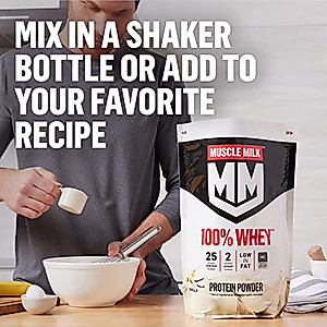 Muscle Milk 100% Whey Protein Powder, Vanilla, 5 Pound, 68 Servings, 25g Protein, 2g Sugar, Low in Fat, NSF Certified for Sport, Energizing Snack, Workout Recovery, Packaging May Vary