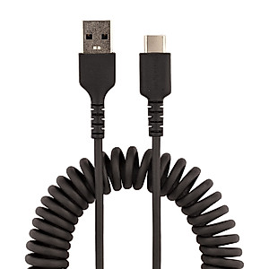 StarTech.com 3ft (1m) USB A to C Charging Cable, Coiled Heavy Duty Fast Charge & Sync USB-C Cable, USB 2.0 A to Type-C Cable, Rugged Aramid Fiber, Durable Male to Male USB, Black (R2ACC-1M-USB-CABLE)