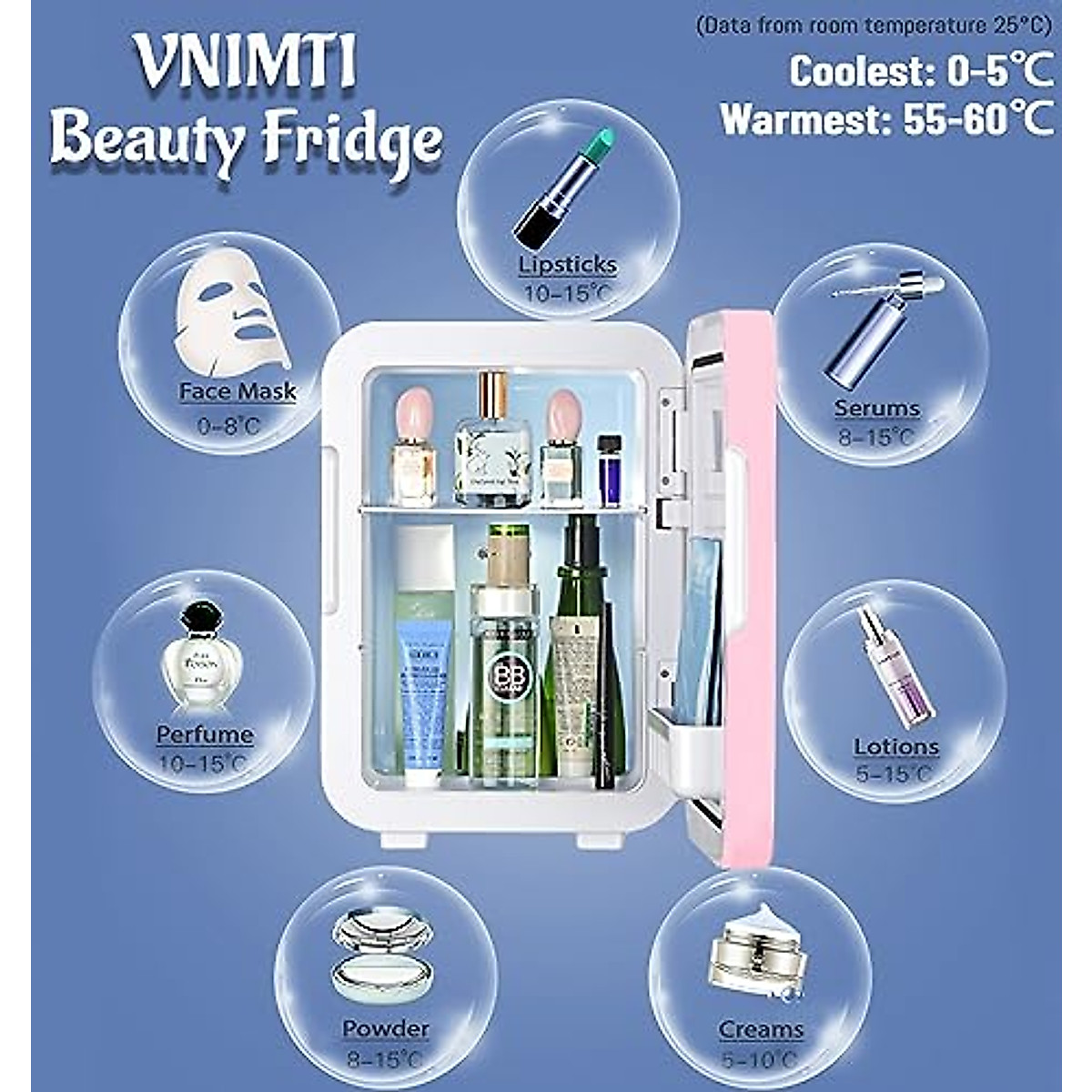 VNIMTI Mini Skincare Fridge 4 Liter/6 Cans, Portable Cosmetic Fridges with Makeup Mirror, Cooler & Warmer, AC & DC, Small Refrigerator for Bedroom, Car, Office, Outdoor (Pink - 4L)