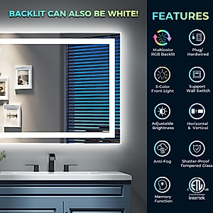 YEELAIT 72x36 Inch RGB LED Bathroom Mirror Front Light and RGB Backlit Lighted Vanity Mirror for Bathroom Wall Mounted Dimmable Anti Fog Memory Shatter-Proof IP54 Waterproof Horizontal/Vertical