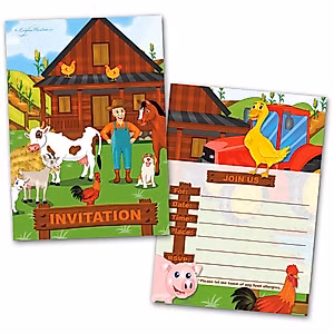 Leigha Marina Farm Animals Party Invitation Cards for Kids, 20 Invites & 20 Envelopes - Fill in the Blank Greeting Notes - Multi-Use, Birthday, Themed Celebration