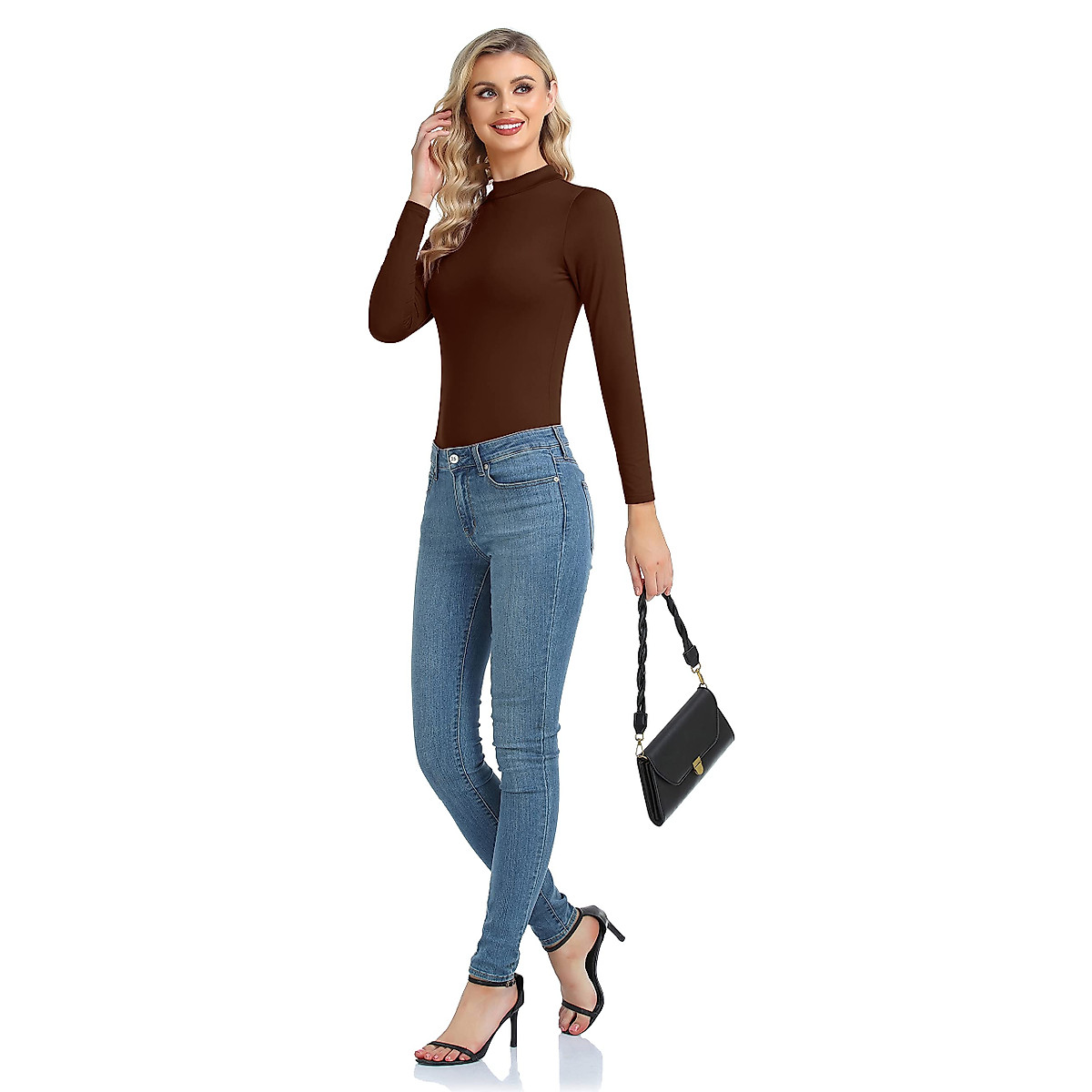 Women Thermal Shirt Fleece Lined Long Sleeve Soft Stretchy Mock Neck Tee Tops Coffee Small