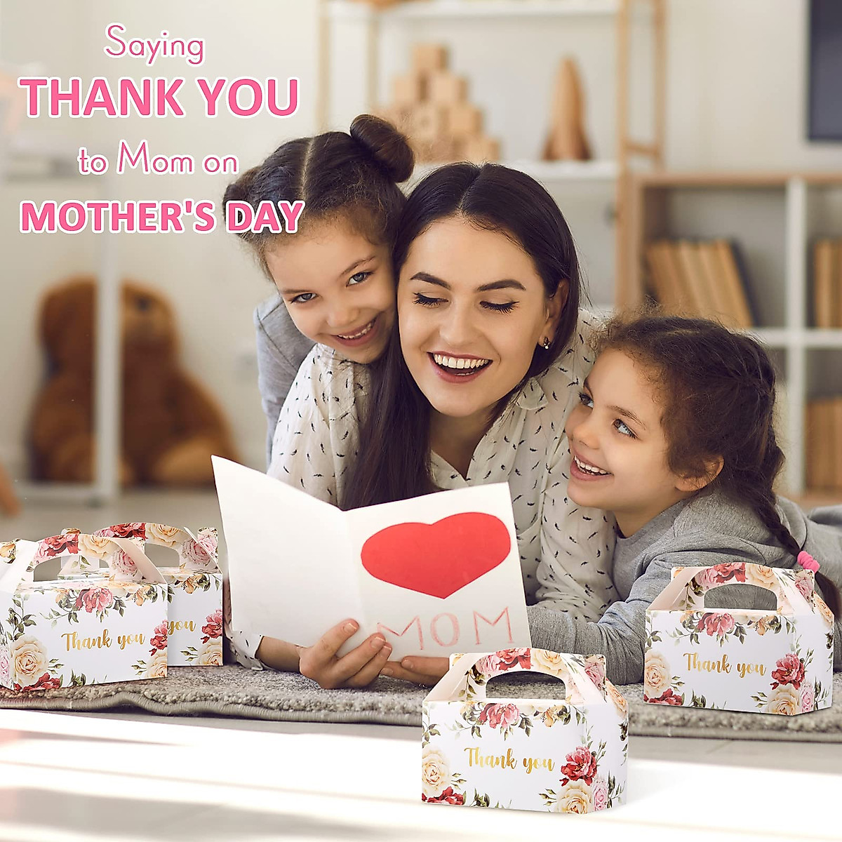 Xinnun 50 Pcs Thank You Treat Boxes Floral Design Gift Boxes Gable Boxes Party Favor Boxes for Tea Party, Mother's Day, Wedding