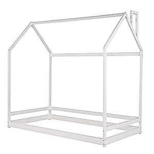 Merax Twin Size Wood House Bed, Wooden Bedframe with Roof for Kids, Teens, Boys or Girls, White