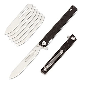 TENCHILON T35 Small Slim Folding Pocket Scalpel Knife, 6pcs Tumbled 440C #60 Replaceable Blades, Gentleman's Flipper Scalpel EDC Utility Knives with Pocket Clip (Black G10 Handle)