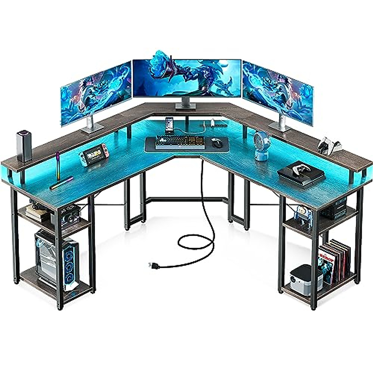 Coleshome L Shaped Gaming Desk with LED Lights & Power Outlets, Reversible 56" Computer Desk with Full Monitor Stand & Storage Shelves, Ergonomic Home Office Corner Desk, Gray Oak