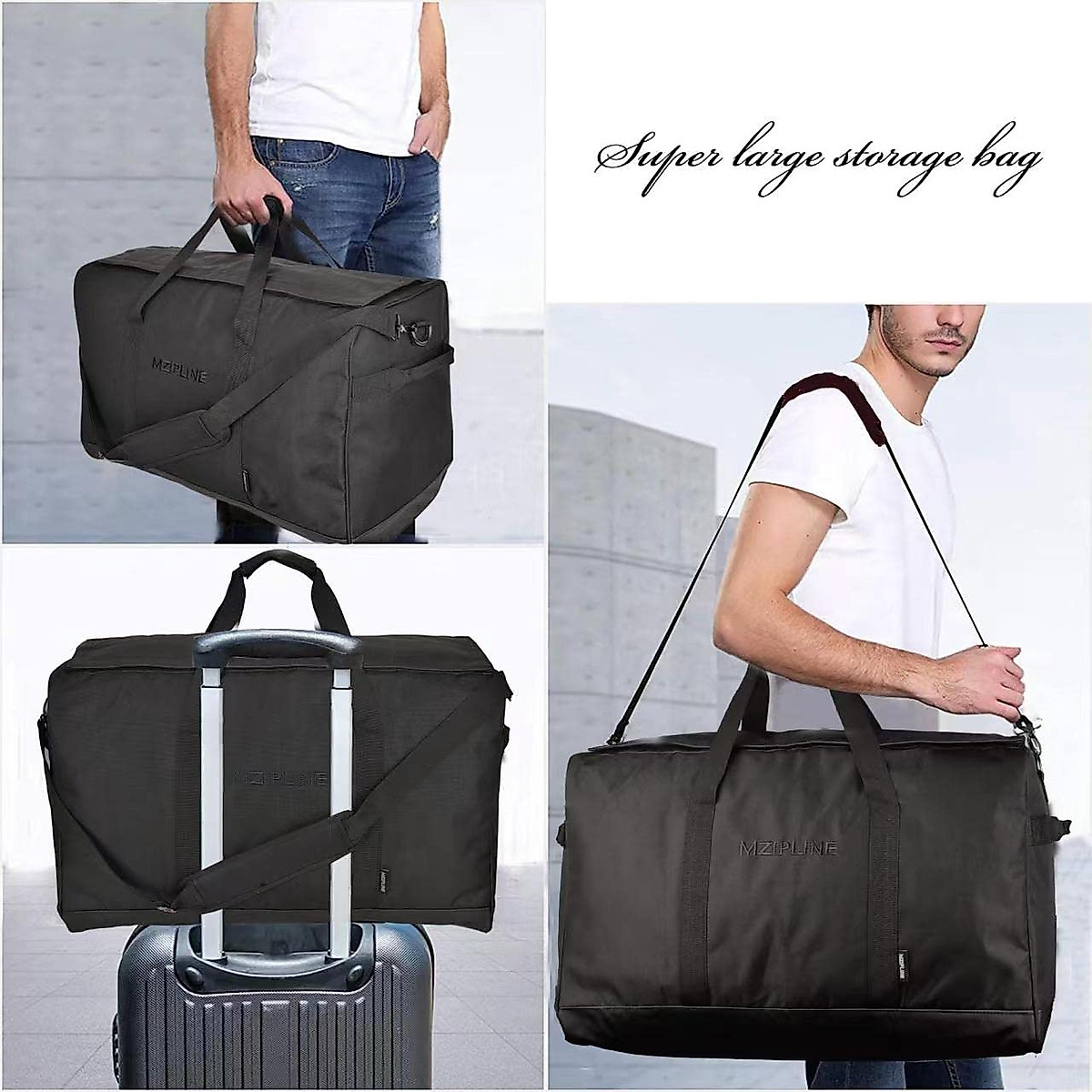 MZIPLINE XL Large Duffle Bag-Smell Proof-Bag Resistant Sport Gym Overnight Weekender Bag,Big Capacity Travel Duffel Holdall Bag With Carbon Lining (Black, Large)