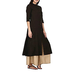 Women's Pure Cotton Plain Tunic Top Front Slit 3/4 Sleeves Roll-UP Chinese Neck Buttons Down Pocket Long Kurti Kurta Black