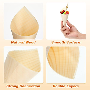 Food Cones 100 Pcs Disposable Wood Cones for Food with 12 Holes Ice Cream Cone Display Stand Charcuterie Cones Holder 100 Fancy Toothpicks for Appetizers Catered Events Buffets Parties (Straight)