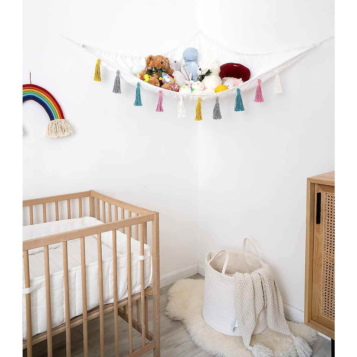 Mkono Stuffed Animal Toy Hammock and Macrame Decoractive Basket for Baby Nursery Decor Hanging Organizer Storage Set