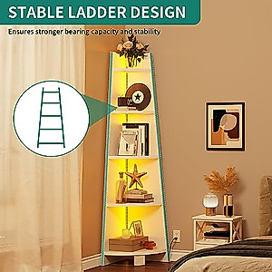 YITAHOME Corner Shelf Stand with Led Light, 70.9" Ladder Corner Bookshelf, Modern 5 Tier Corner Bookcase, Wooden Open Display Shelving Storage Rack for Bedroom, Living Room, Home Office, White