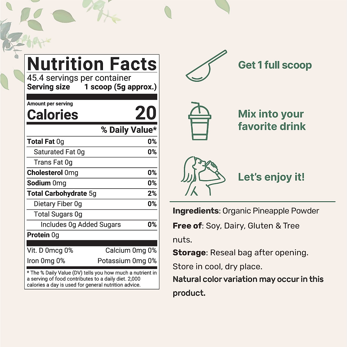 Organic Pineapple Powder, 8oz | 100% Natural Fruit Powder | Freeze-Dried Pineapples Source | No Sugar & Additives | Great Flavor for Drinks, Smoothie, & Beverages | Non-GMO & Vegan Friendly