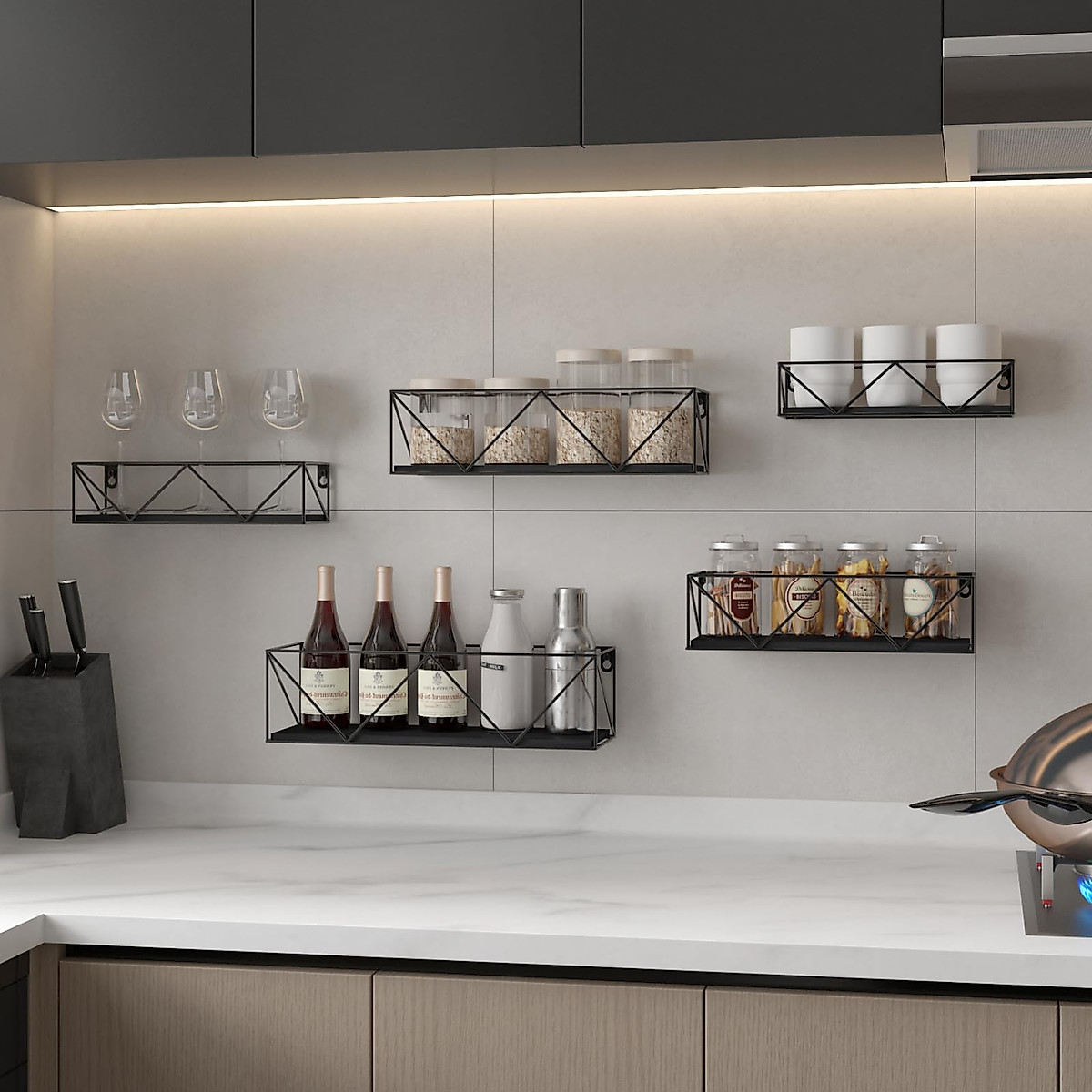 CRUGLA Black Floating Shelves Wall Mounted Set of 5, Hanging Storage Wall Shelf for Bathroom, Bedroom, Living Room, Kitchen