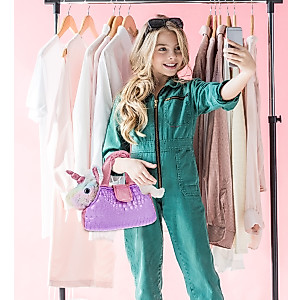 DolliBu Unicorn Bags Collection Set of 4 - Unicorn Stuffed Animal Purse Bags for Girls, Removable White, Purple, Rainbow, Blue Unicorns in Furry Handbags