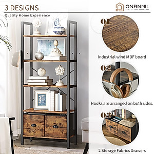 oneinmil 5-Tier Bookshelf with 2 Storage Drawers, Industrial Display Standing Shelf, Rustic Wood Storage Shelf with Metal Frame, Open Bookcases for Living Room, Bedroom, Home Office (Brown)