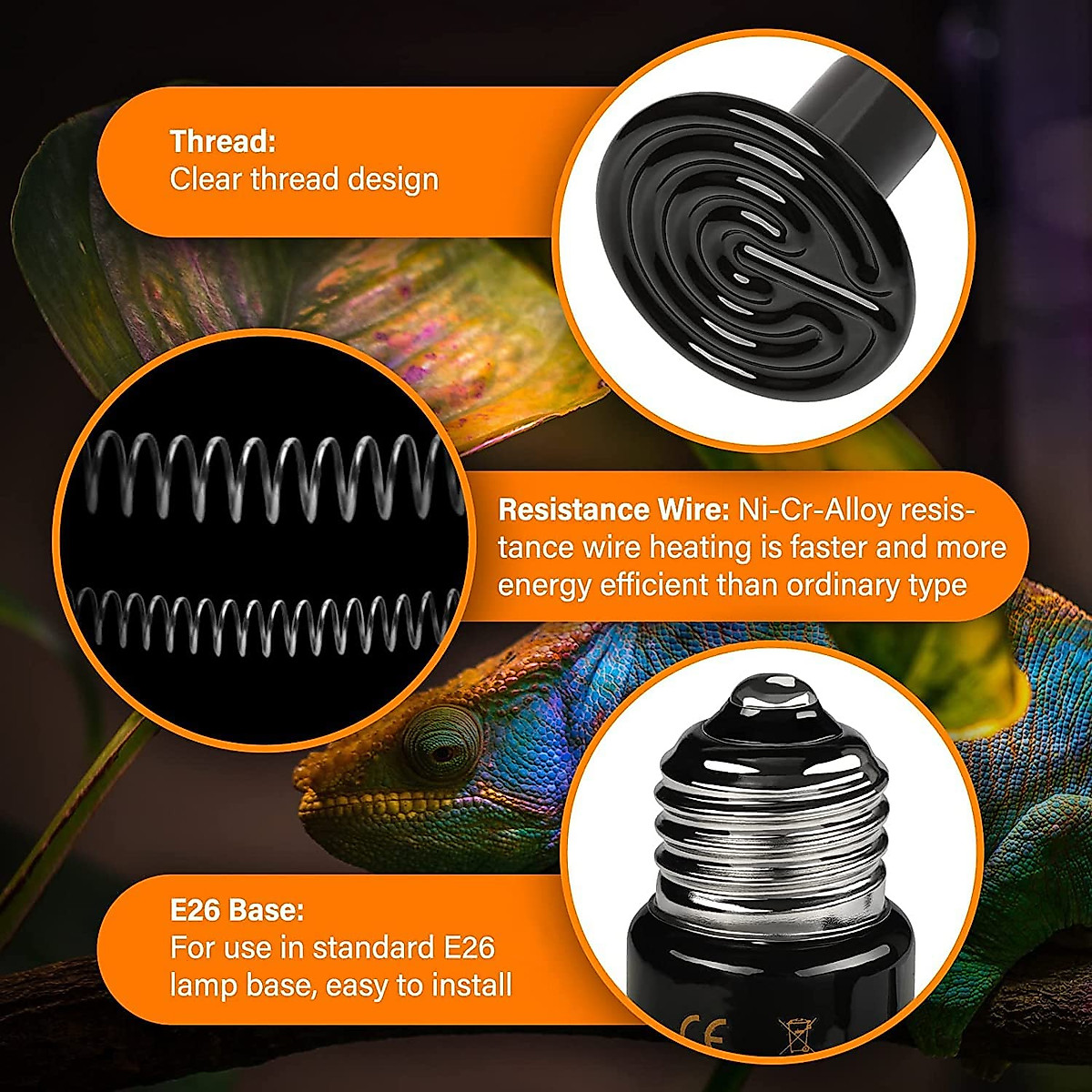 HealSmart Reptile Heat Lamp 100W Ceramic Heat Emitter, No Light Emitting Heat Bulbs for Amphibian Pet Brooder Coop Incubating Chicken, Lizard Bearded Dragon Turtle Snake Terrarium Black