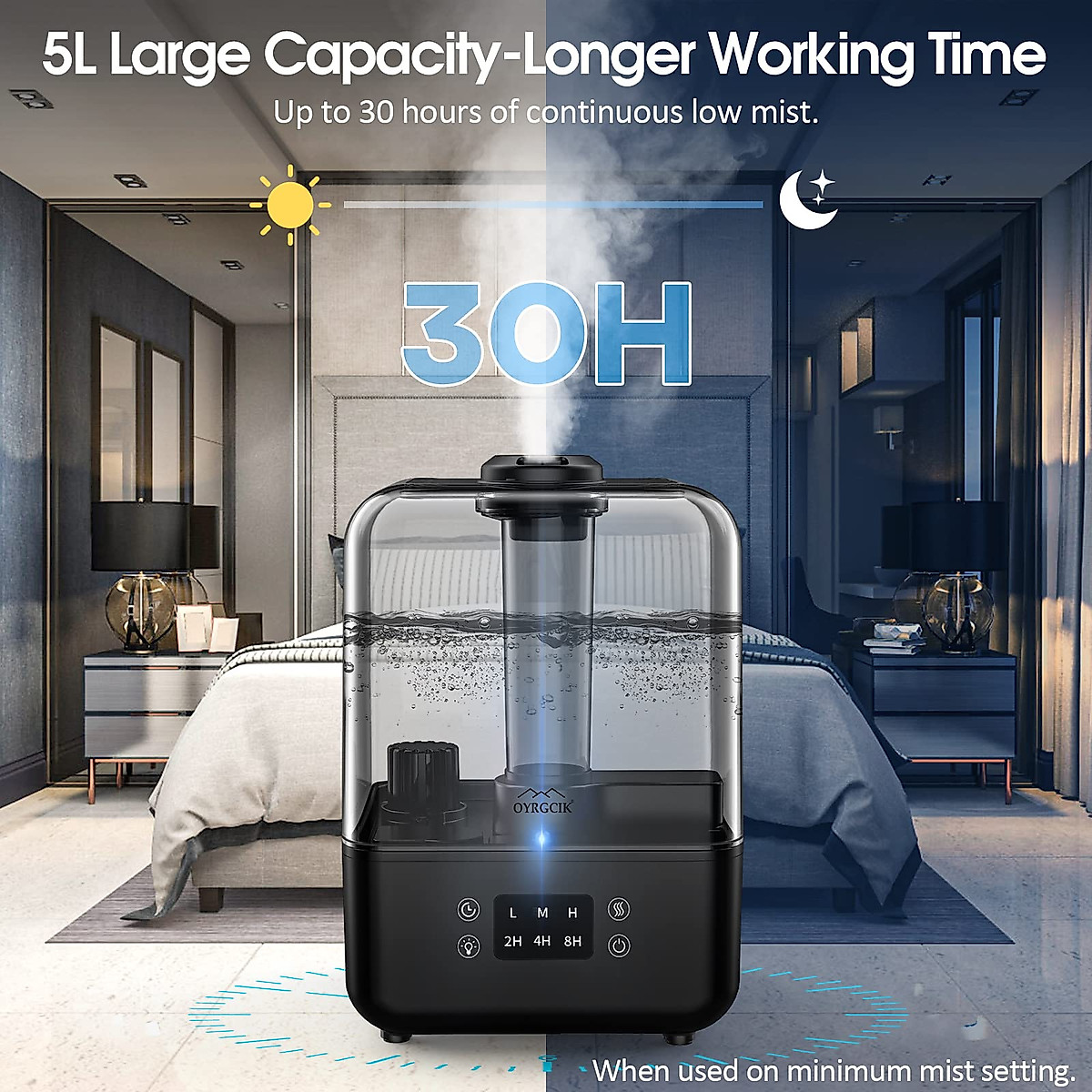 Humidifiers for Bedroom, Ultrasonic 5L Top Fill Humidifiers for Large Room Baby Home with 360° Rotation Nozzle, 3 Mist Levels, Auto Shut-Off, Timer, Essential Oil Diffuser, 30H Work Time, Quiet