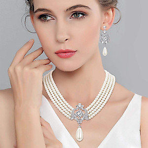 EVER FAITH 1920s Gatsby Jewelry Set for Party, Crystal 4 Layers Simulated Pearl Vintage Inspired Chandelier Necklace Earrings Sets for Woman
