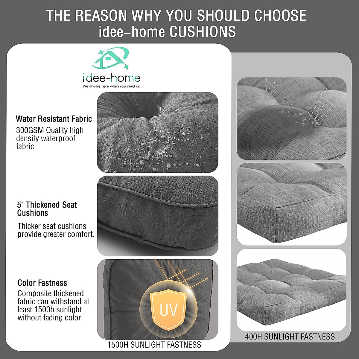 idee-home Outdoor Chair Cushions Set of 2, 5" Thick Outdoor Seat Cushion Waterproof Patio Furniture Cushions with Ties, Dining Chair Cushions 19" x 19" Indoor Chair Pads