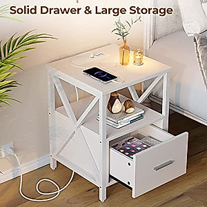 Rolanstar End Table with Wireless Charger, Sturdy Side Table with Charging Station and Drawer, 2 Tier Open Shelf and Large Storage, Bedside Table, Nightstand for Living Room, Bedroom