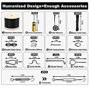 WAYSKA String Light Hanging Kit with 250 Ft Nylon Coated Stainless Steel 304 Wire Rope, String Light Cable with Turnbuckles and Hooks for Patio, Outdoor and Backyard Lighting Accessories