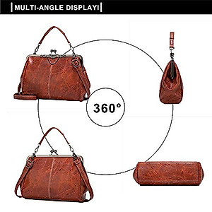 Vintage Kiss Lock Handbags for Women Oil Leather Evening Clutch Satchel Purse Tote (Apricot)