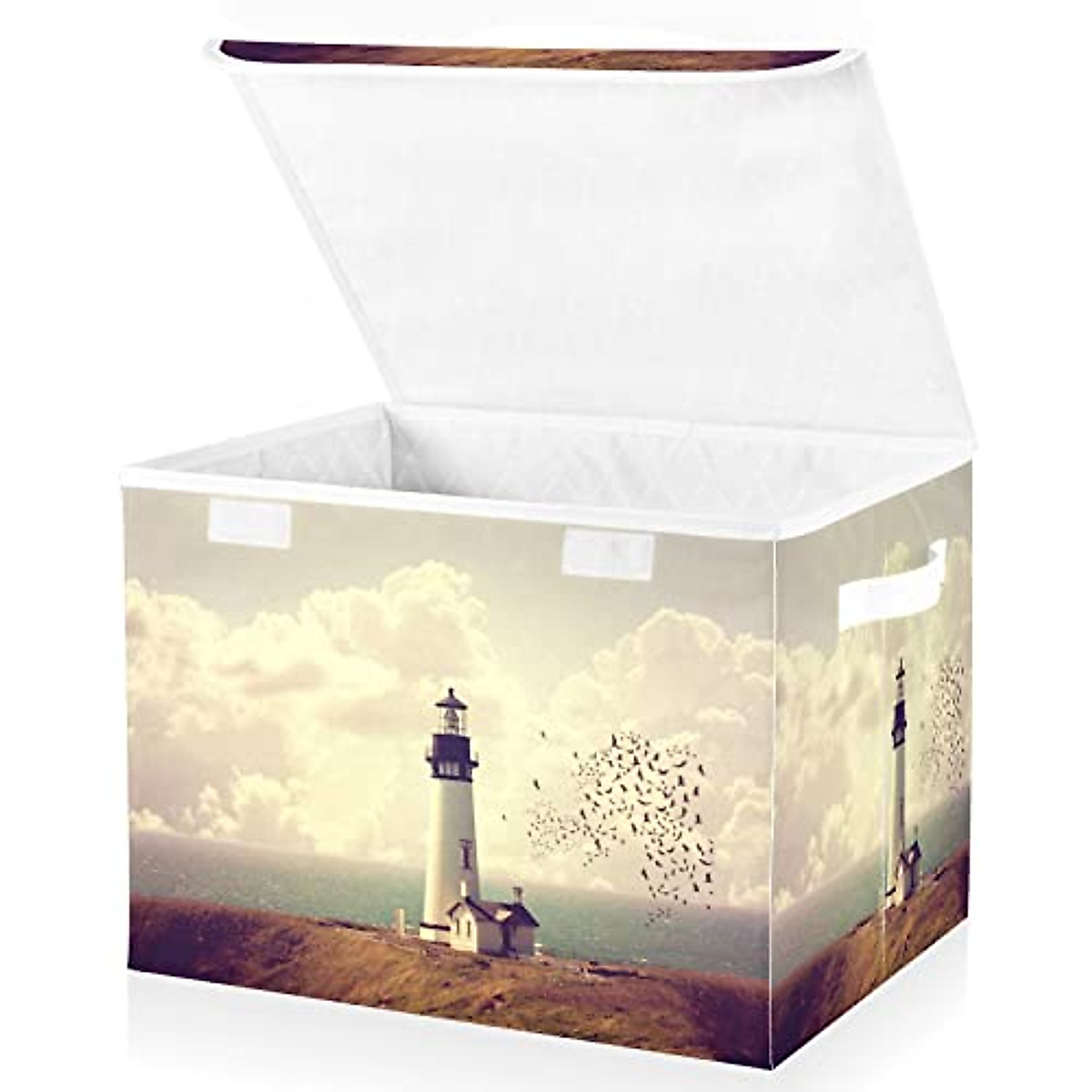 Kigai Old White Lighthouse Storage Basket with Lid Collapsible Storage Bin Fabric Box Closet Organizer for Home Bedroom Office 1 Pack