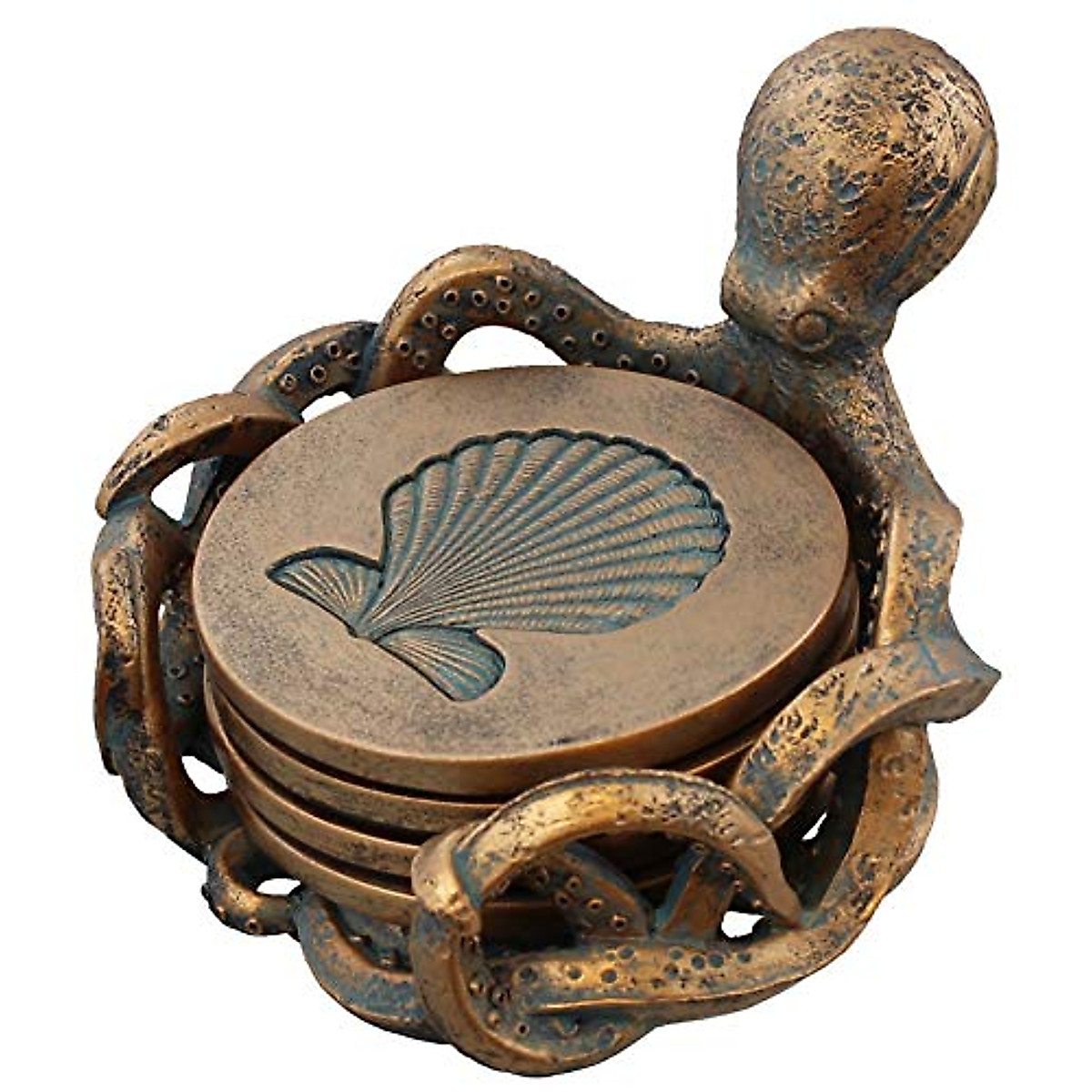Octopus Coaster Set - Nautical Ocean Beach Sea Shell Coastal Decor - Bronze / Verdigris Finish