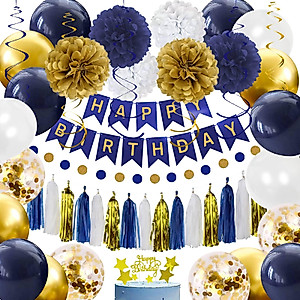 YGYXMY Birthday Decorations for Men Boys | Navy Blue Gold White Happy Birthday Party Decorations Kit | Banner, Balloons, Tissue Pompoms, Swirls, Tassels Garland