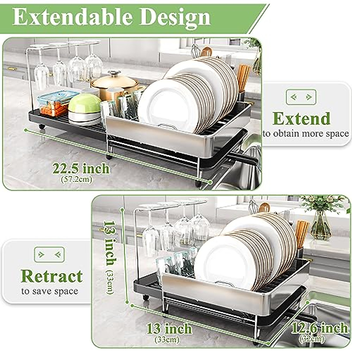 Dish Drying Rack - Expandable Dish Rack - Large Stainless Steel Dish Dryer Racks for Kitchen Counter with Wine Glass Holder, Cutlery Holder, Black