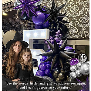 yeewaka purple black and silver balloon garland arch kit 150pcs with starburst balloons for Wednesday theme party for Halloween Vampirina Nightmare Ghost Eyes Party decorations