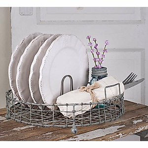 Colonial Tin Galvanized Metal Vintage Dish Rack with Utensil Holder Kitchen Supplies, 12" dia. x 4¼"T, Gray