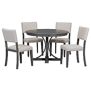 Merax 5-Piece Retro Round Dining Table Set with Curved Trestle Style Legs and 4 Upholstered Chairs, Kitchen Furniture, 44 x 44 x 30.2, Grey