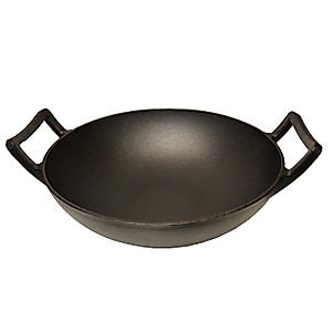 Kasian House Cast Iron Wok, Pre-Seasoned with Wooden Lid 12" Diameter and Large Handles, Stir Fry Pan