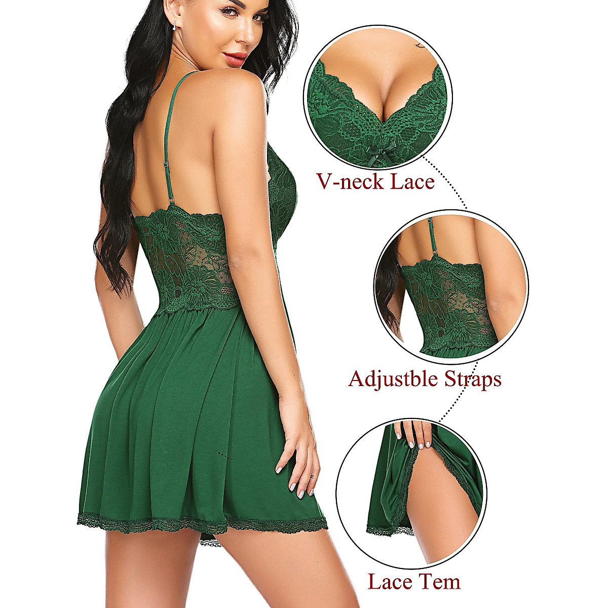 Avidlove Women Lace Lingerie Sleepwear Chemises V-Neck Full Slip Babydoll Nightgown Dress (Dark Green, L)