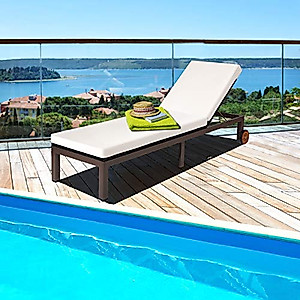 HAPPYGRILL Patio Chaise Lounge Chair Outdoor Rattan Lounger Recliner Chair Adjustable Position Folding Wicker Lounge Chair with Cushion & Wheels for Garden Patio Poolside