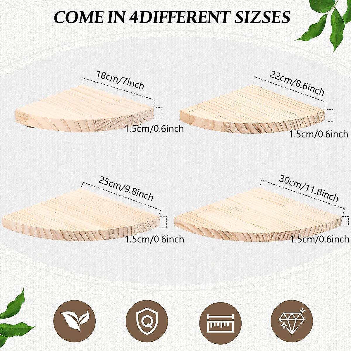 Gulfmew Wooden Corner Shelves Set of 4 Sizes Floating Corner Shelves for Wall Wood Round End Corner Wall Shelves Rustic Wall Mounted Corner Shelves for Bedroom, Living Room, Bathroom, Kitchen