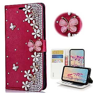 STENES Bling Wallet Phone Case Compatible with Samsung Galaxy Z Fold 2 5G - Stylish - 3D Handmade Flowers Floral Butterfly Design Leather Cover with Neck Strap Lanyard & Screen Protector - Red