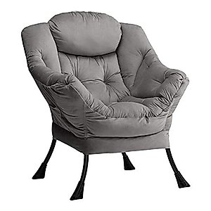 AcozyHom Modern Large Cotton Fabric Lazy Chair，Accent Contemporary Lounge Chair, Single Steel Frame Leisure Sofa Chair with Armrests and A Side Pocket, Smoky Grey