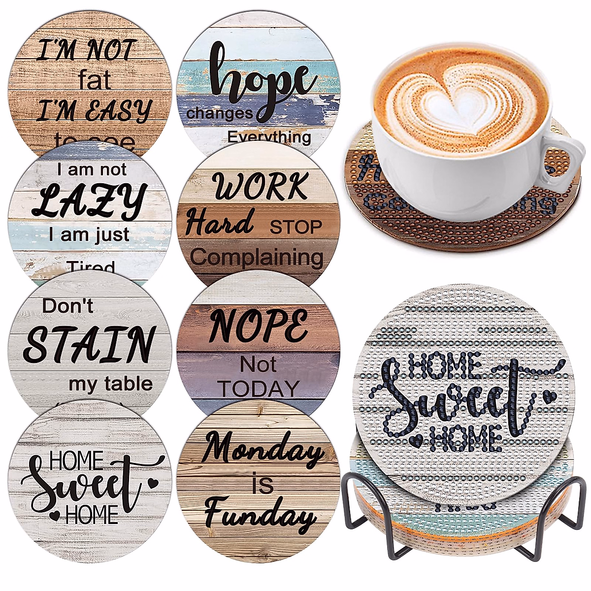 8 Pcs Diamond Art Painting Coasters Diamond Art Coasters with Holder, DIY Funny Inspirational Coasters, Diamond Art Painting Kits for Adults, Kids & Beginners, Farmhouse Bar Diamond Art Craft Coasters