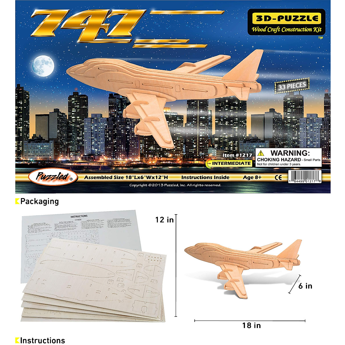 Puzzled 747 Jet Plane 3D Puzzle Wood Craft Construction Kit Aircraft, Fun & Educational DIY Wooden Toy Assemble Model Unfinished Craft Hobby Airplane Puzzle to Build & Paint for Decoration 33pcs Pack