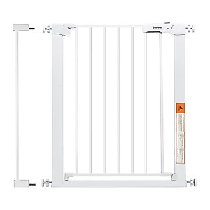 BABELIO 26-32 Inch Easy Install Narrow Pressure Mounted Metal Baby Gate, No Drilling, No Tools Required, with Wall Protectors and Extenders (White)