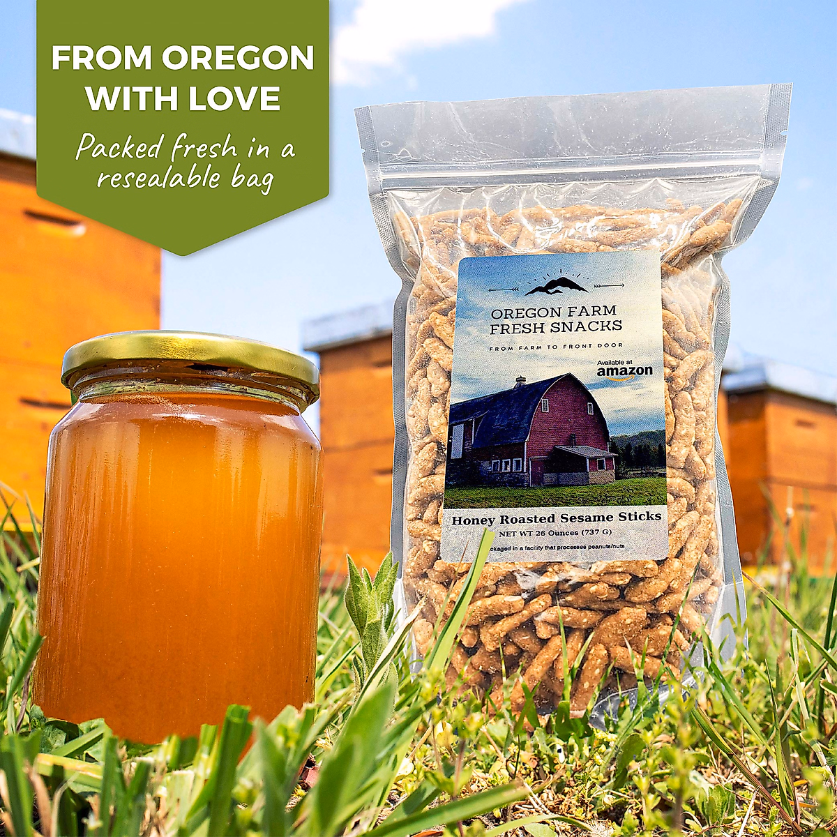 Oregon Farm Fresh Snacks Honey Roasted Sesame Sticks - Local Honey Roasted Sesame Sticks - Delicious & Fresh Snacks - Enjoy The Perfect Mix of Sweet & Salty (26 oz)