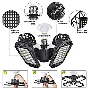 Mefflypee 2 Pack LED Garage Lights, 120W Deformable LED Garage Ceiling Lights with 4 Adjustable Panels, 12000LM E26 LED Shop Lights for Garage, Basement, Barn, High Bay Light (2 Pack)