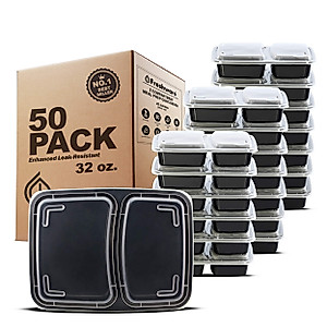 Freshware Meal Prep Containers [50 Pack] 2 Compartment with Lids, Food Storage Containers, Bento Box, BPA Free, Stackable, Microwave/Dishwasher/Freezer Safe (28 oz)