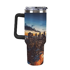 LLUTSNTH 40 Oz Vacuum Tumbler with Black Handle Leakproof Insulated Tumbler New York City Scenery Stainless Steel Travel Mug with Lid And Straw Coffee Cup Cute Water Bottles Cup Holder Friendly