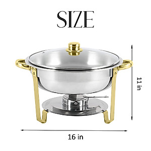 Restlrious Chafing Dish Buffet Set 2 Pack Round Stainless Steel Foldable Chafers and Buffet Warmers Sets Glass Lid in Gold Accents for Catering, 5 QT Full Size Set w/Water Pan, Food Pan, Fuel Holder