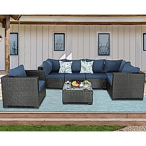 HTTH 7 Pieces Patio Furniture Sets Outdoor Rattan Wicker Conversation Sofa Garden Sectional Sets with Coffee Table for Porch Garden Poolside Backyard (Navy Blue)