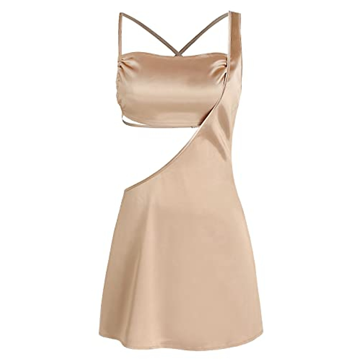 ZAFUL Women's 2 Piece Cut Out Silky Satin and One Shoulder Mini Cami Dresses for Graduation Night Club Date Party(Champagne, S)
